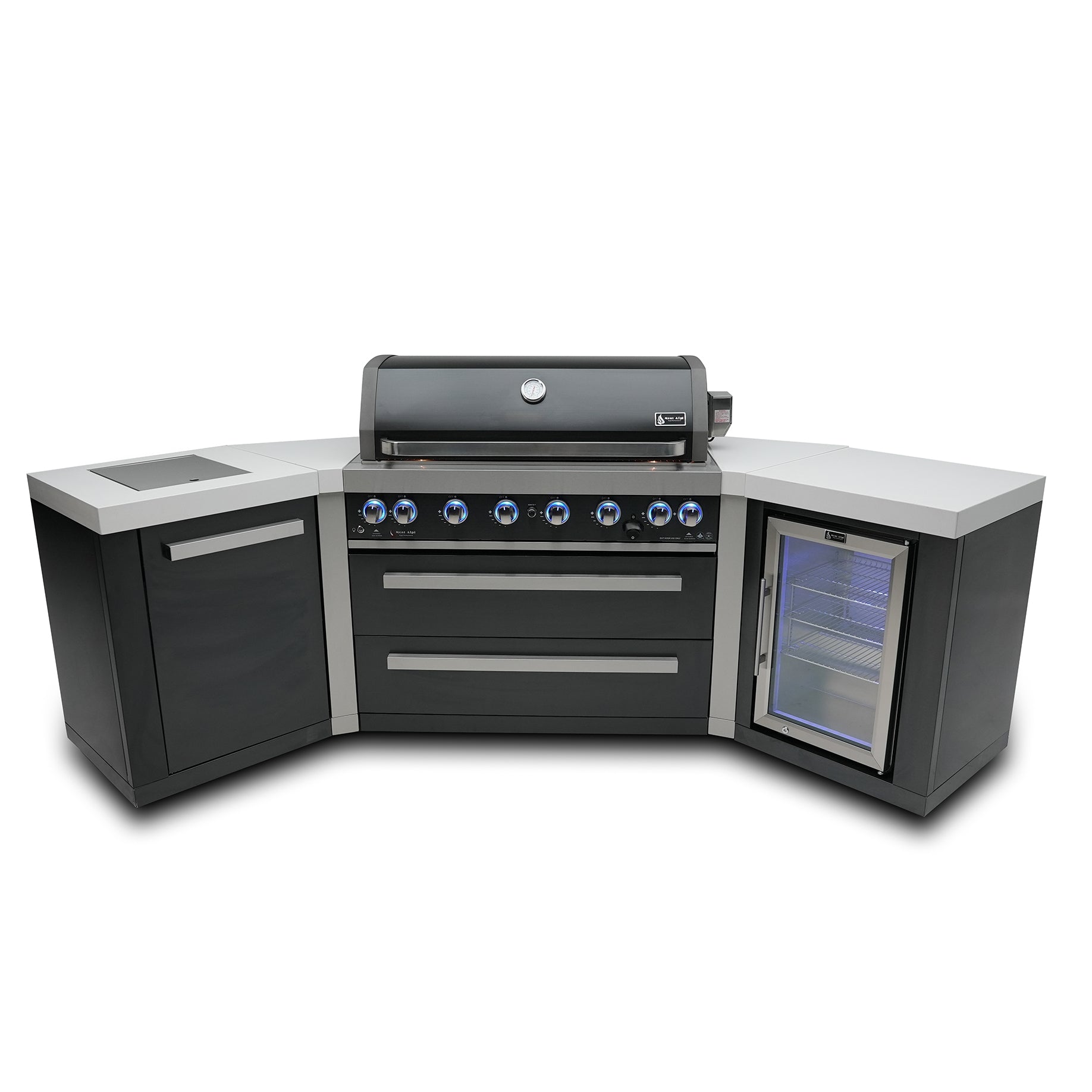 Mont Alpi 805 Black Stainless BBQ Island w/45 Deg Corners & Fridge