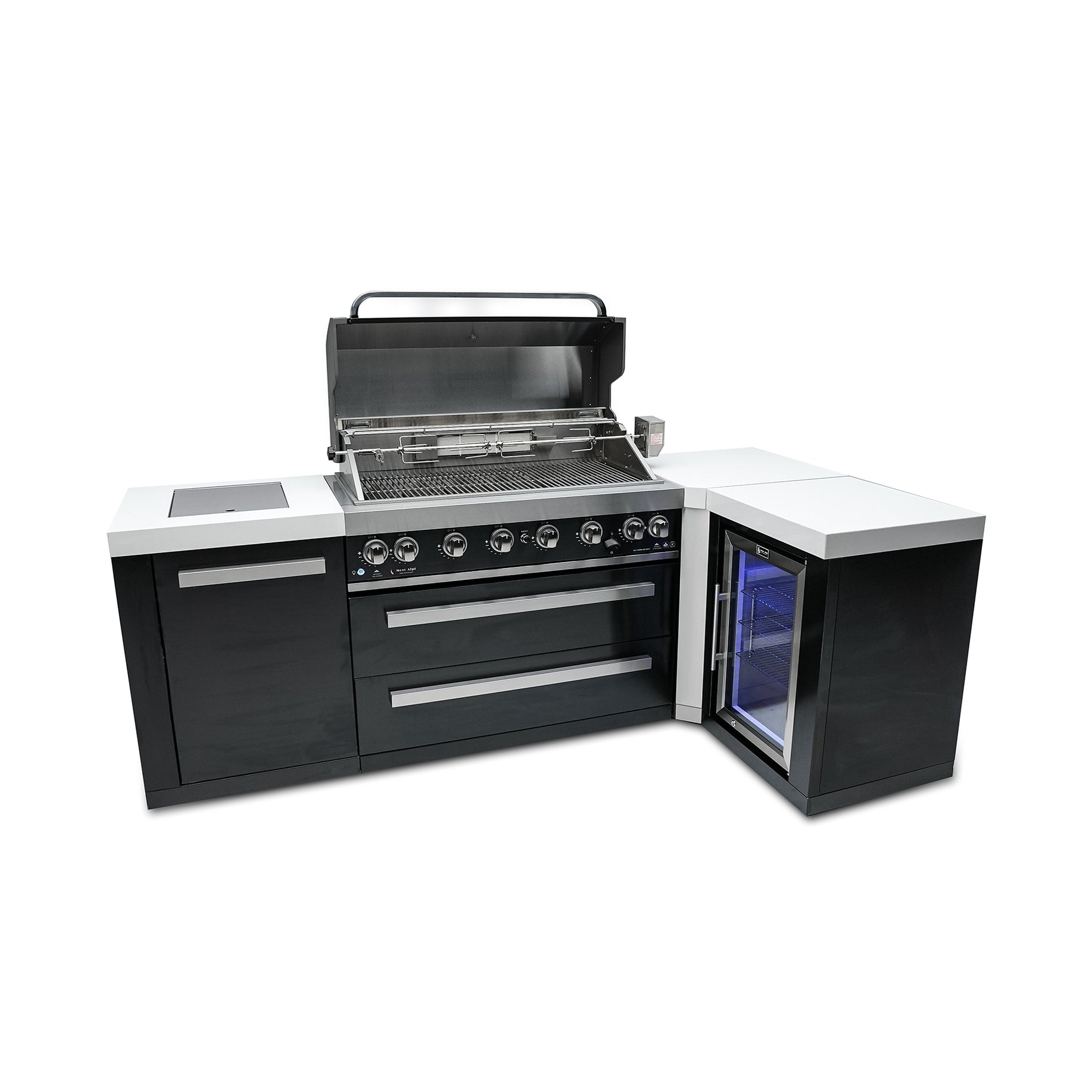 Mont Alpi 805 Black Stainless Steel BBQ Grill Island w/Corner & Fridge